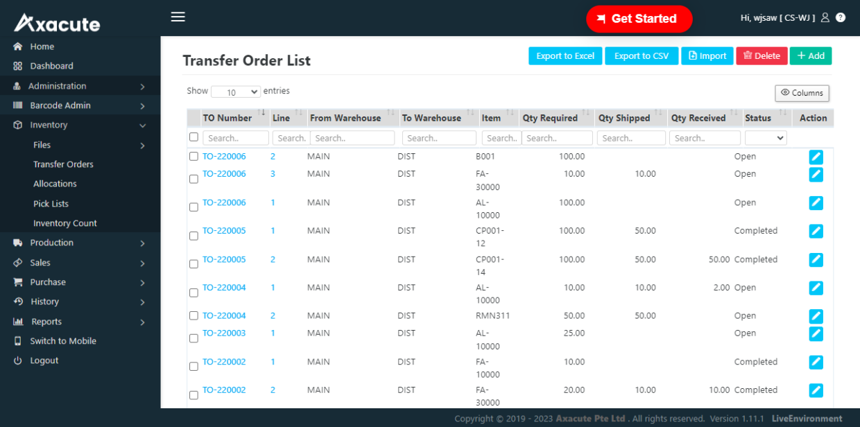 Transfer Orders in a Warehouse